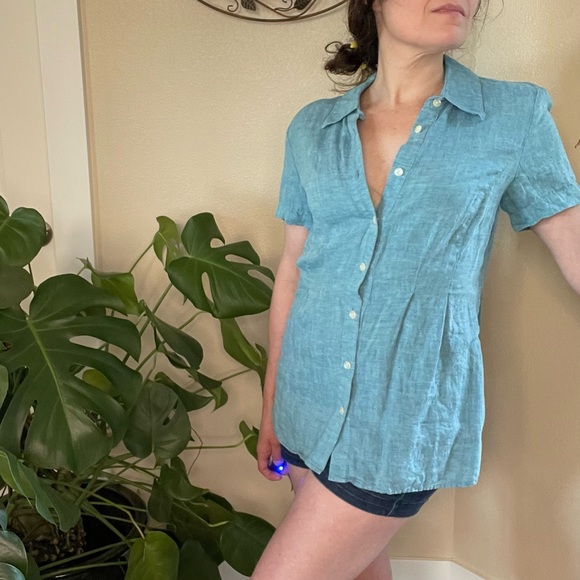 J. Jill | Tops | J Jill Blue Short Sleeve Linen Button Down S | Poshmark